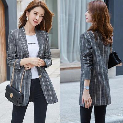 跨境出黑版棉竖条麻纹西装外套女韩休闲中长蓝款AL-61050英伦风网