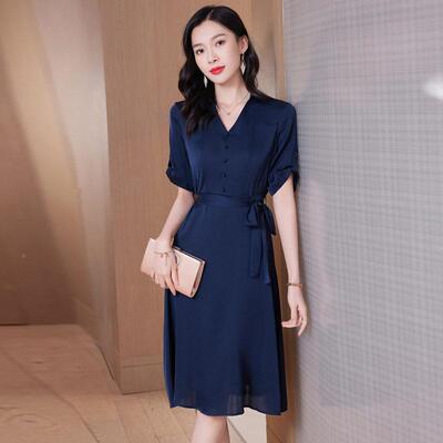 夏A23050新纯色真丝连款裙女中长款丝小个衣子桑蚕裙子腰带裙