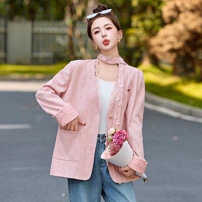 接蕾丝拼飘带小装外装套女春季新款女时尚休西RX9220-0闲西服
