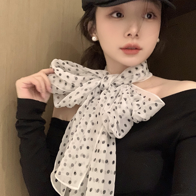 蜗牛爬爬家黑白波点丝巾女2025新款高级感系脖长条飘带女丝带脖饰