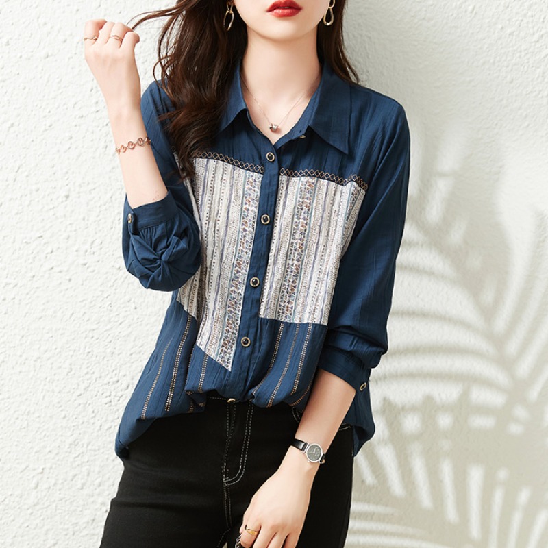 九月墨陌欧洲站大码新款复古褶皱烫钻拼接印花衬衫女秋装别致衬衣_虎窝淘