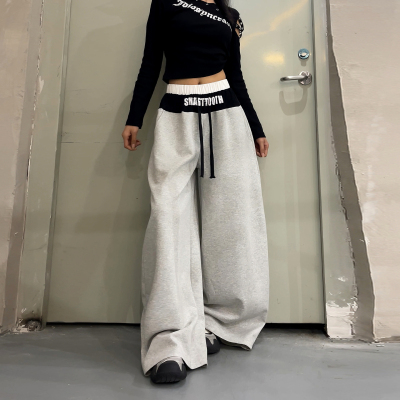 美式假两件高腰宽松阔腿卫裤女