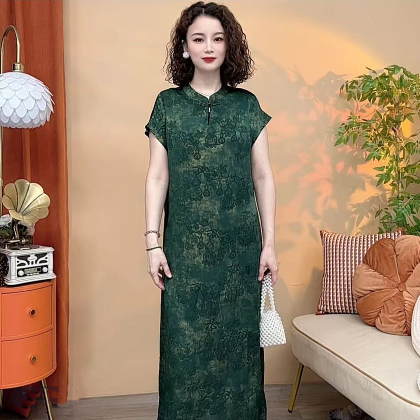 中式高端浮雕提花旗袍连衣裙女夏显瘦遮肉优雅气质妈妈装短袖长裙
