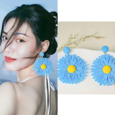 钟楚曦同款耳环蓝色大花朵耳饰耳钉耳坠耳夹2024新款旅游度假饰品