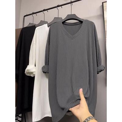 坑条简约长袖超大码纯色时尚上衣