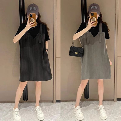 宽松假两件拼接宽松短袖连衣裙女