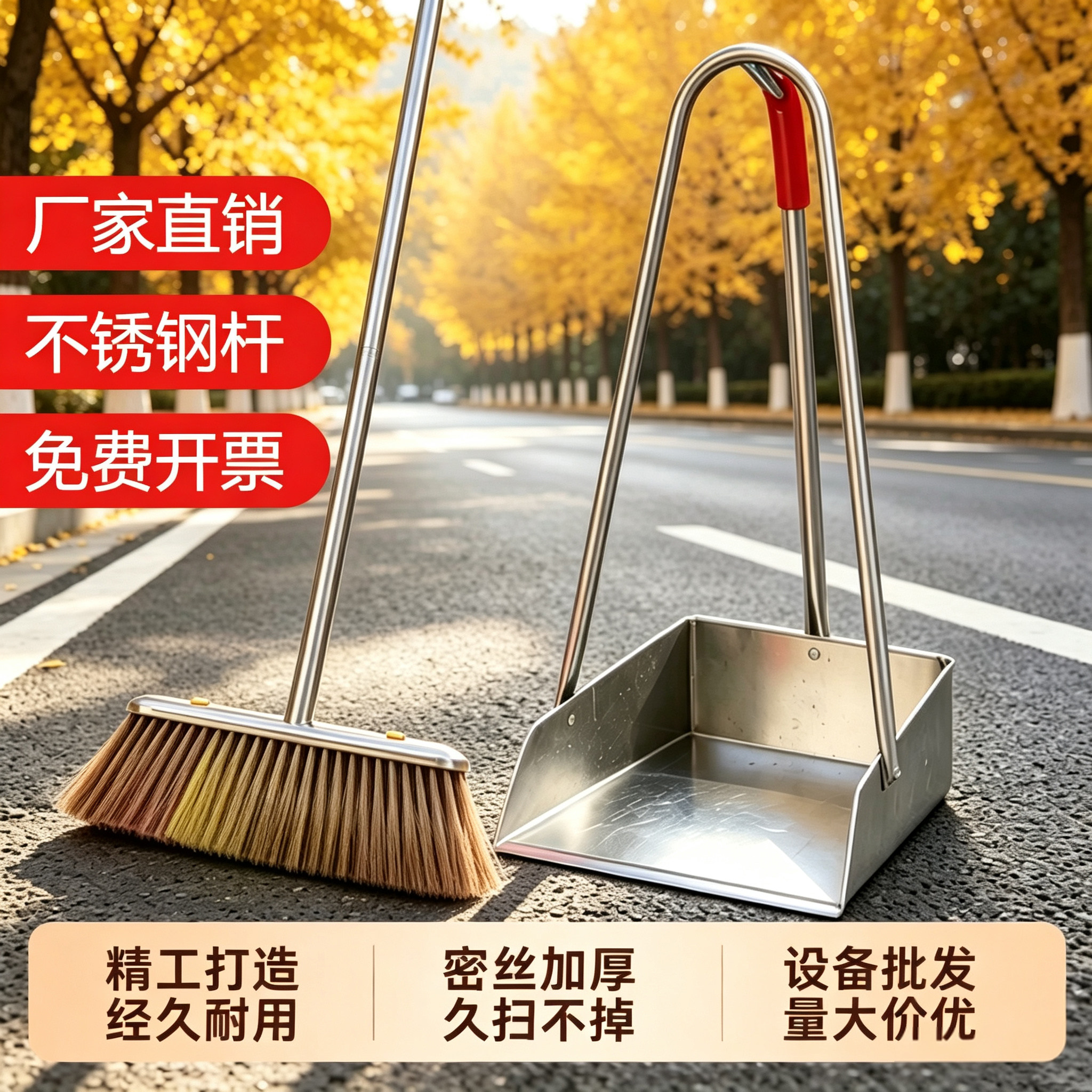 不锈钢扫把簸箕套装户外垃圾铲单个大号加厚撮箕组合长把铁皮畚斗