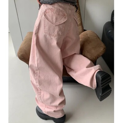 韩国 夏天冰淇淋颜色口袋爱心形 高腰系扣牛仔长裤弯刀裤