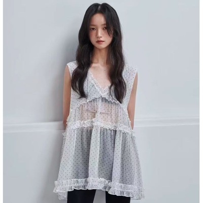 现货 韩国chic宽松波点木耳花边背心裙 夏季宽松微透娃娃衫潮