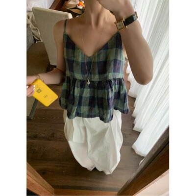 韩系东大门简约设计感亚麻格子小吊带2025夏季新款度假风叠穿背心
