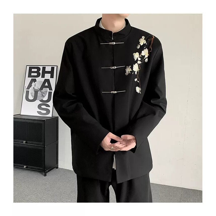 春秋新中式重工刺绣玉兰花中山装西服外套男复古痞帅高级感西服潮
