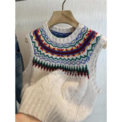 渠道货！！RL拉fu~复古彩色费尔岛全羊毛提花圆领针织背心马甲女