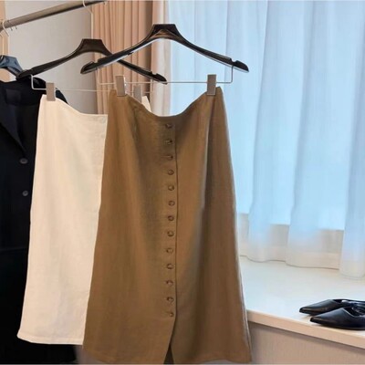 CHAO级推荐！卡其色亚麻单排扣半身裙女夏季高腰显瘦开叉a字裙子