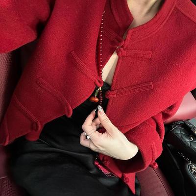 千金感粉色新中式双面羊毛大衣女25冬季小个子高级感短款毛呢外套