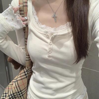 小众拼接修身短款长袖t恤女秋季