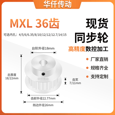 同步带轮MXL36齿BF型齿宽7/11内孔4566.3581012.7145隔日达同步轮