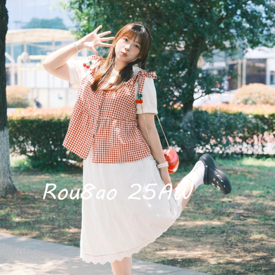 Rou8ao微胖大码女装胖mm时尚假两件娃娃领宽松上衣半身裙两件套