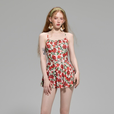 裙式两件套印花三角连体泳衣温泉