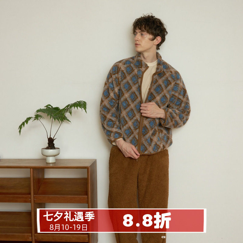 朵朵可可秋冬男士印花珊瑚绒睡衣立领拉链款格子卷毛绒家居服套装