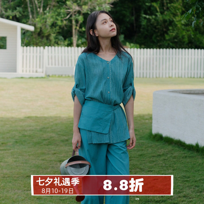 朵朵可可春夏皱褶纯棉睡衣女长袖收腰系带做家务园艺家居服套装