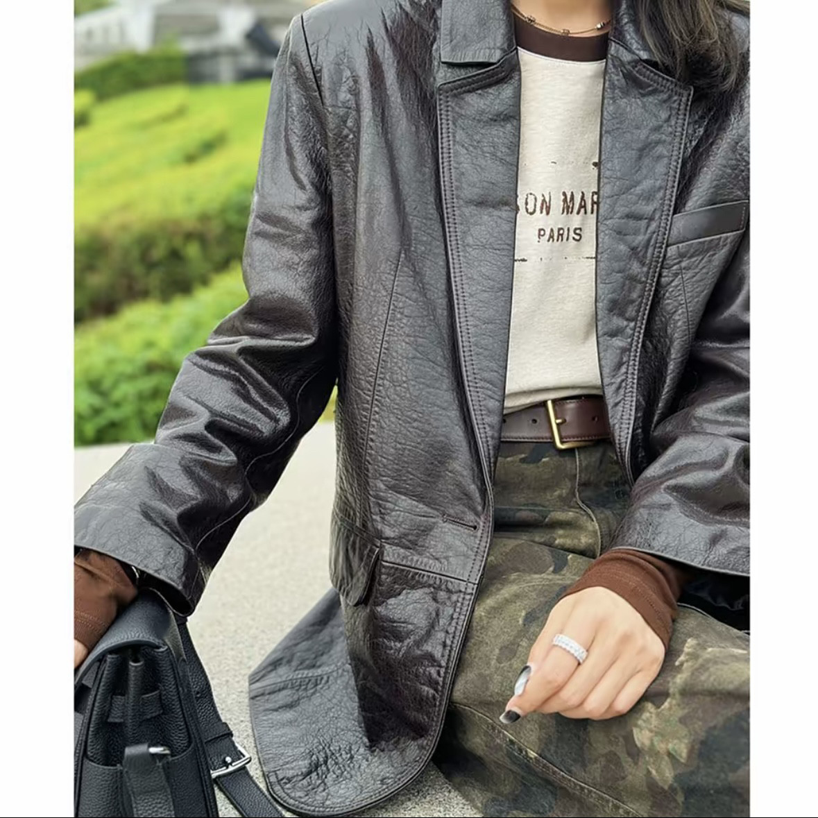 红馆同款2024秋款绵羊皮皮衣美式复古中长款宽松西装夹克外套女装