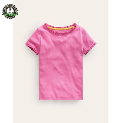 代购MiniBoden女童短袖T恤 25夏季儿童草莓色罗纹半袖上衣 2-14岁