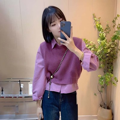 韩系超火巨好看的针织马甲衬衫女