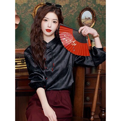 新中式提花黑色长袖衬衣1138
