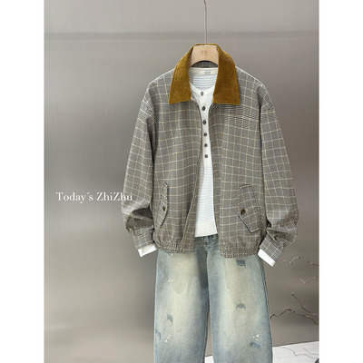 植绒领拼格子布长袖外套