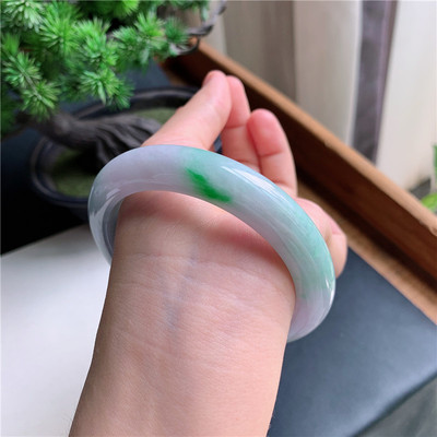 8月新品 鸿玉翡翠61圈口冰糯种紫韵飘阳绿正圈玉手镯女款2X70819