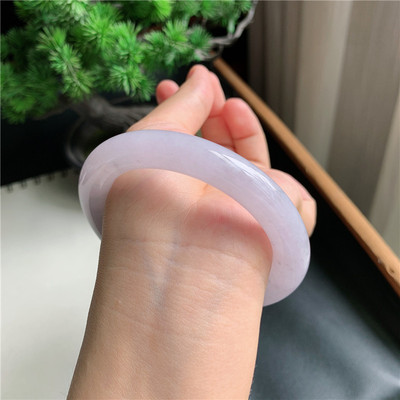 8月新品 鸿玉翡翠58圈口冰种紫底飘绿圆条玉手镯女款正品14G50813