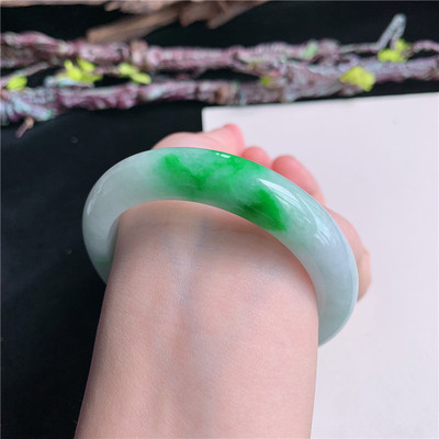 5月新品 鸿玉翡翠54圈口冰糯种飘阳绿正圈玉手镯女款正品3D10513