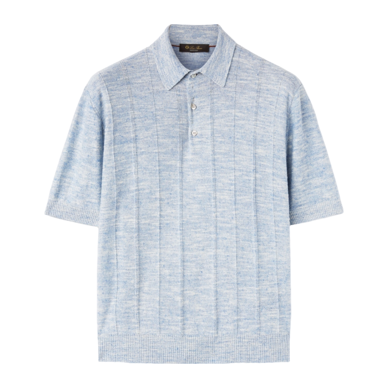 Loro Piana/诺悠翩雅男装亚麻和丝绸蓝色短袖马球领polo衫