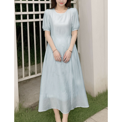 2026春夏季新款女复古圆领收腰显瘦连衣裙极简风时尚短袖裙子1546