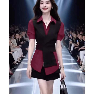 2026夏季新款爆款轻奢精致感气质三件套女撞色裤套装D5412