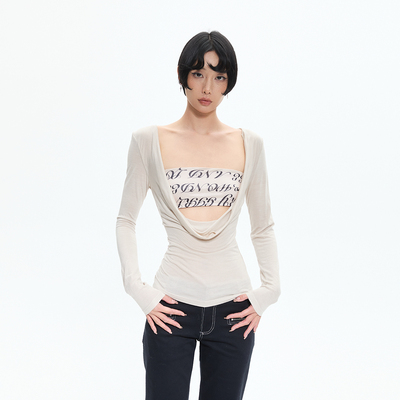 AE30 Saint 大荡领深V天丝上衣 印花字母抹胸真两件