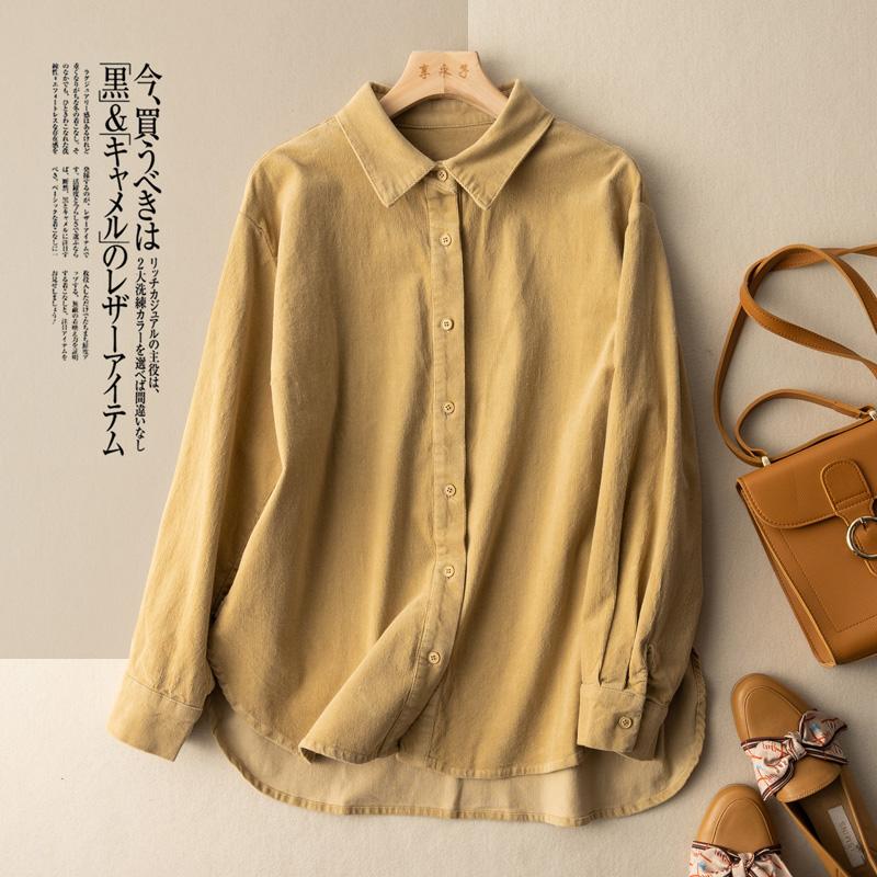 灯芯绒薄绒条绒衬衫女宽松文艺复古纯色衬衣秋冬上衣时尚2022新款_虎窝淘