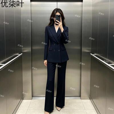 大学生公考毕业答辩职业西装套装女双排扣立体微喇裤面试正装工装