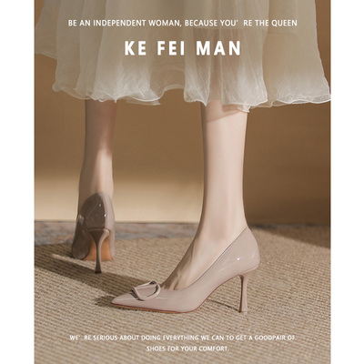 【珂菲曼】v家扣裸色高跟鞋女气质漆皮尖头细跟单鞋子成人礼艺考