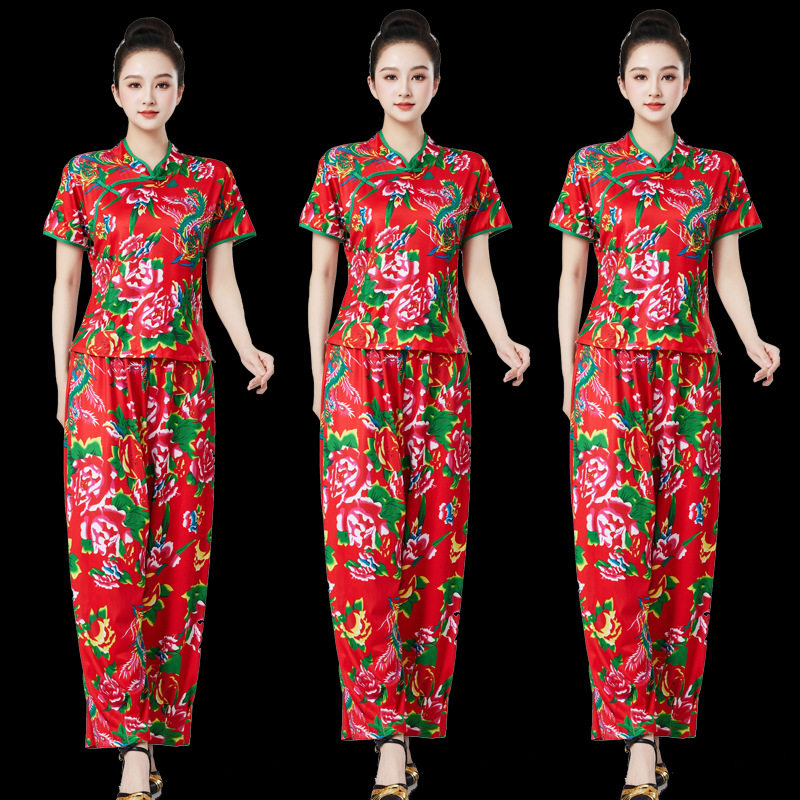 新款广场舞服装套装女夏季东北大花秧歌舞演出服民族风打鼓花衣服