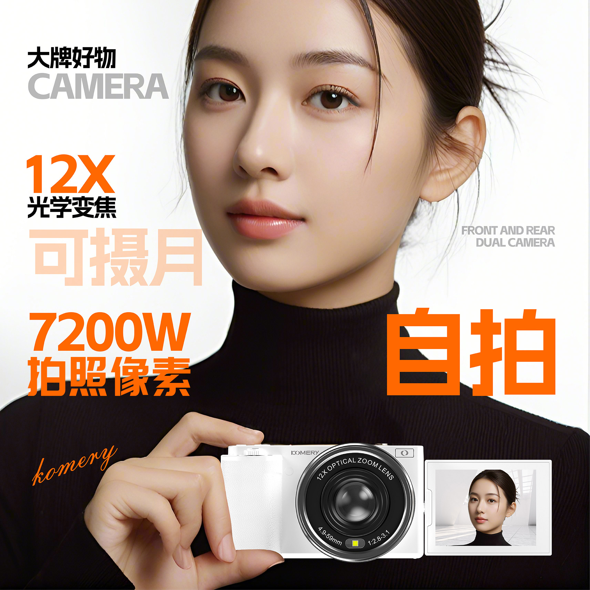 KOMERY W10vlog自拍数码相机12倍光学变焦7200万像素数码微单相机