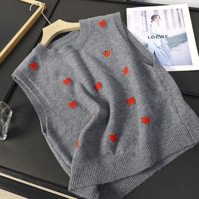 苹果提花刺绣圆领针织马甲背心女