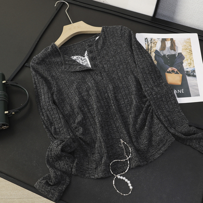 蕾丝拼接假两件修身长袖针织衫女