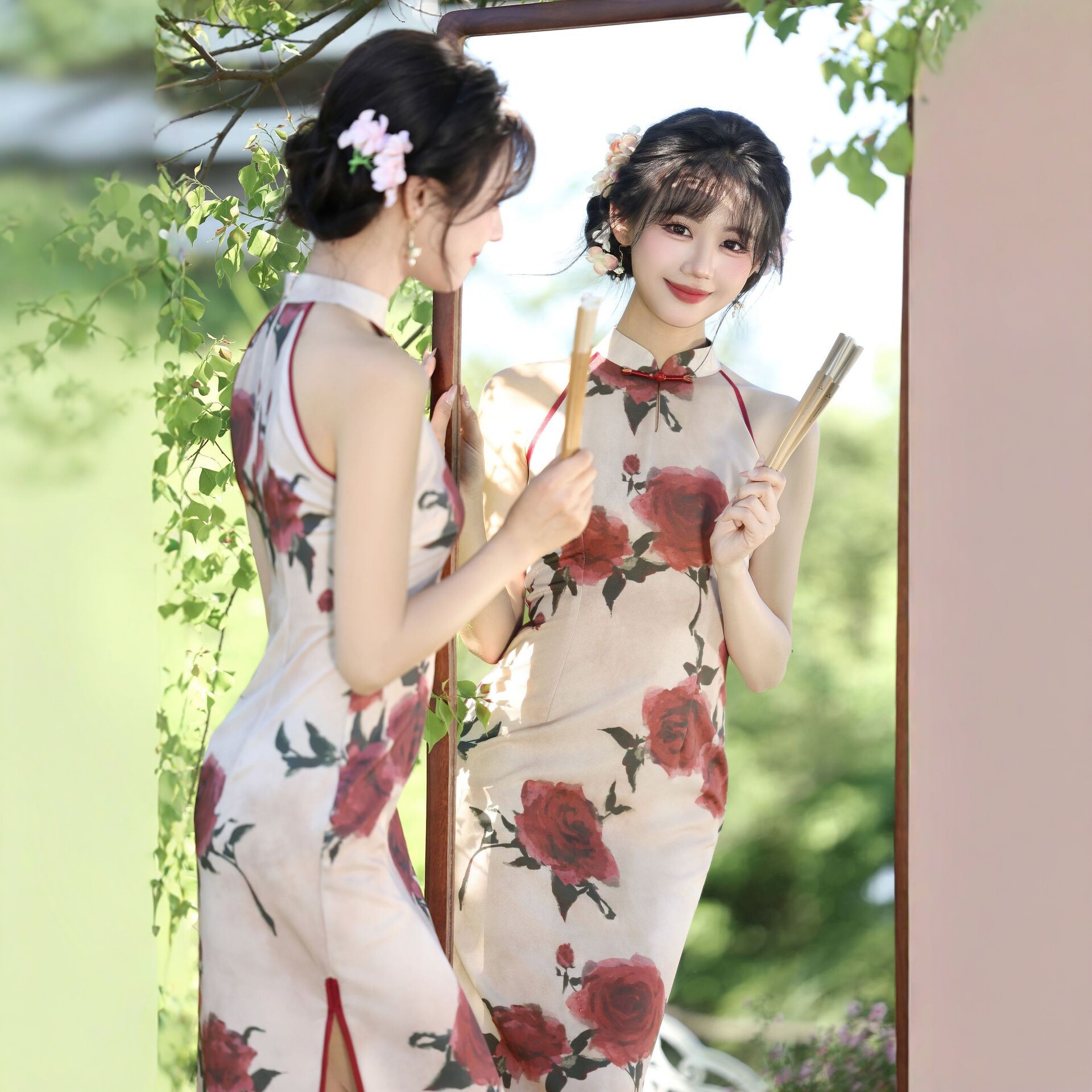新中式改良旗袍女夏季淡雅玫瑰印花长款修身气质连衣裙复古国风日
