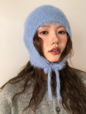 奶蓝色护耳帽氛围感仿貂毛针织帽
