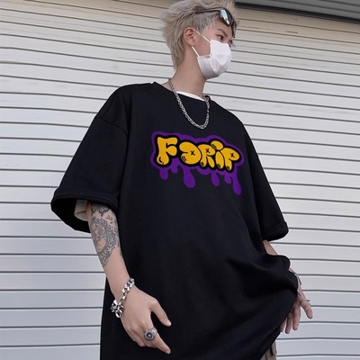 美式字母印花圆领短袖T恤 男女同款