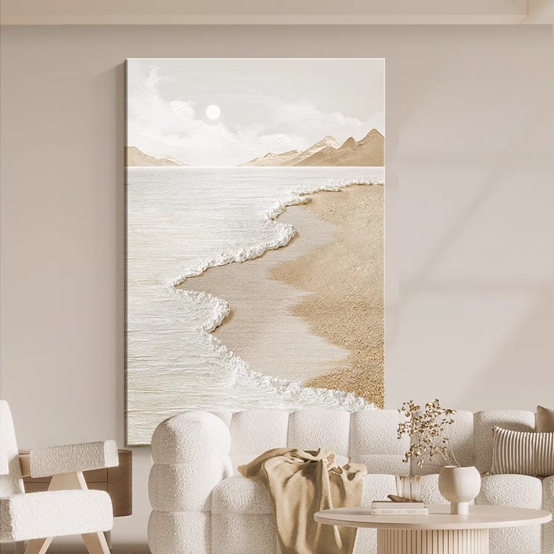 纯手绘油画半边海玄关画侘寂风客厅装饰画餐厅挂画厚肌理画抽象