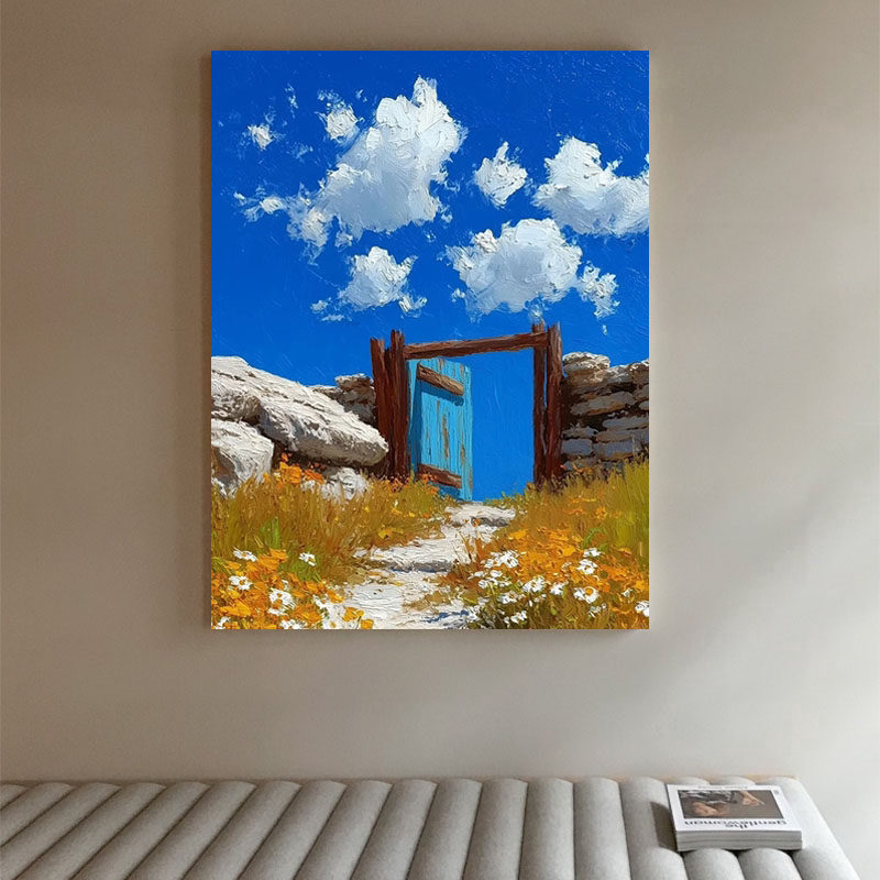 石墙门后的晴空风景油画客厅装饰画手绘油画布墙挂画有框简约现代