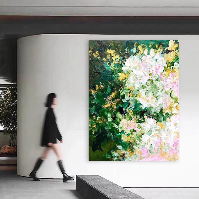 艺作物纯手绘油画《翠影繁花》现代卧室背景装饰画客厅沙发艺术画