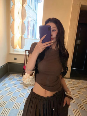 MH家 蕾丝拼接圆领正肩短袖T恤女2026春季修身显瘦百搭上衣